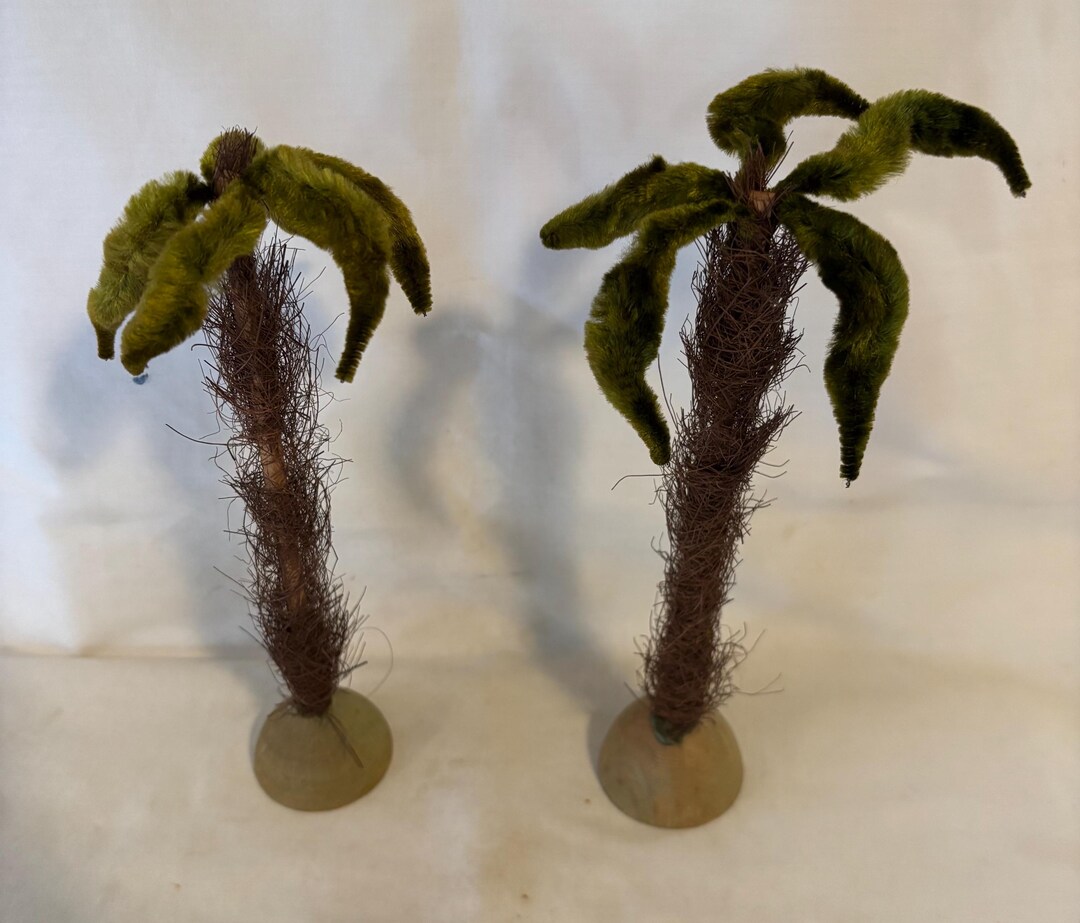 2 Antique Italian Manger Nativity Palm Trees W/ Green Velvet Fronds as ...