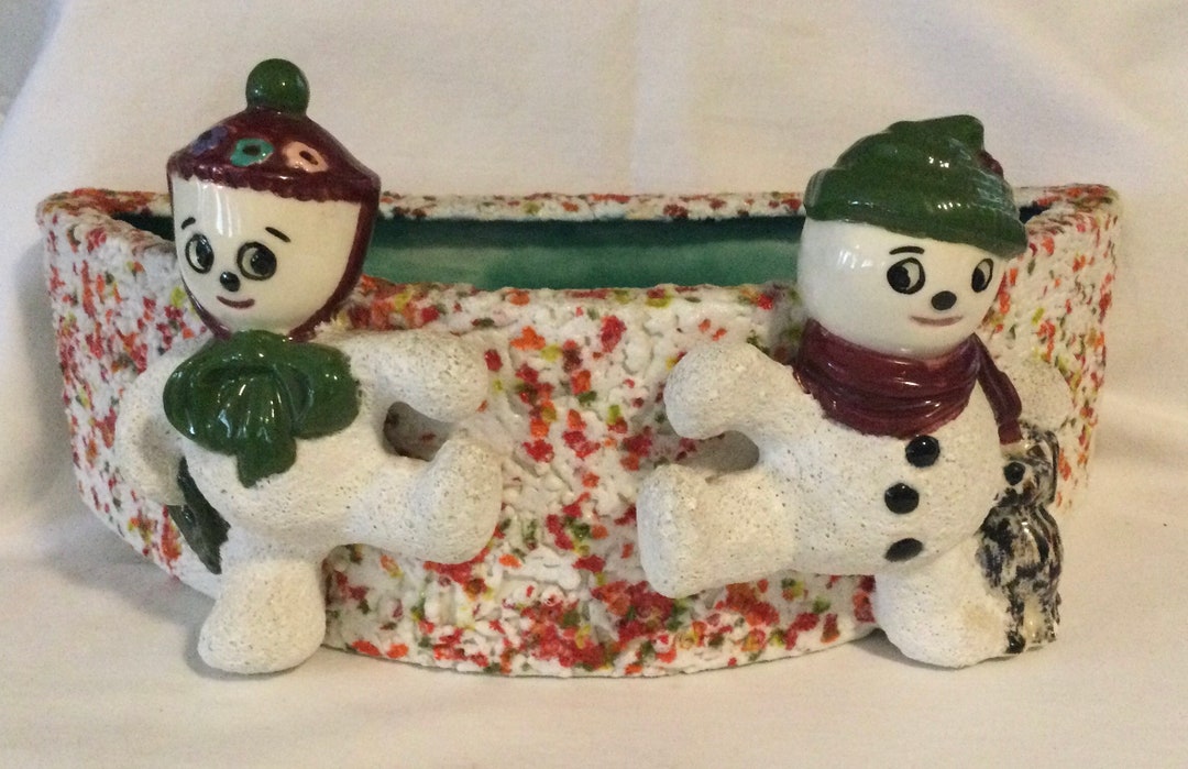 Vintage Funky Snowman & Snowgirl W/ Dog Large Christmas Painted Ceramic ...