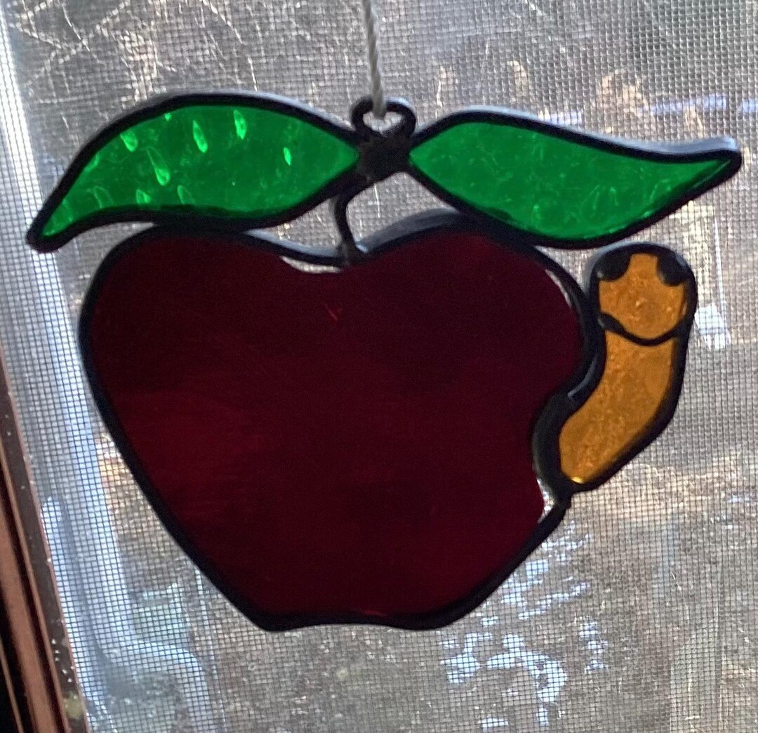 Vintage Stained Glass Apple With Worm Suncatcher Window Ornament - Etsy