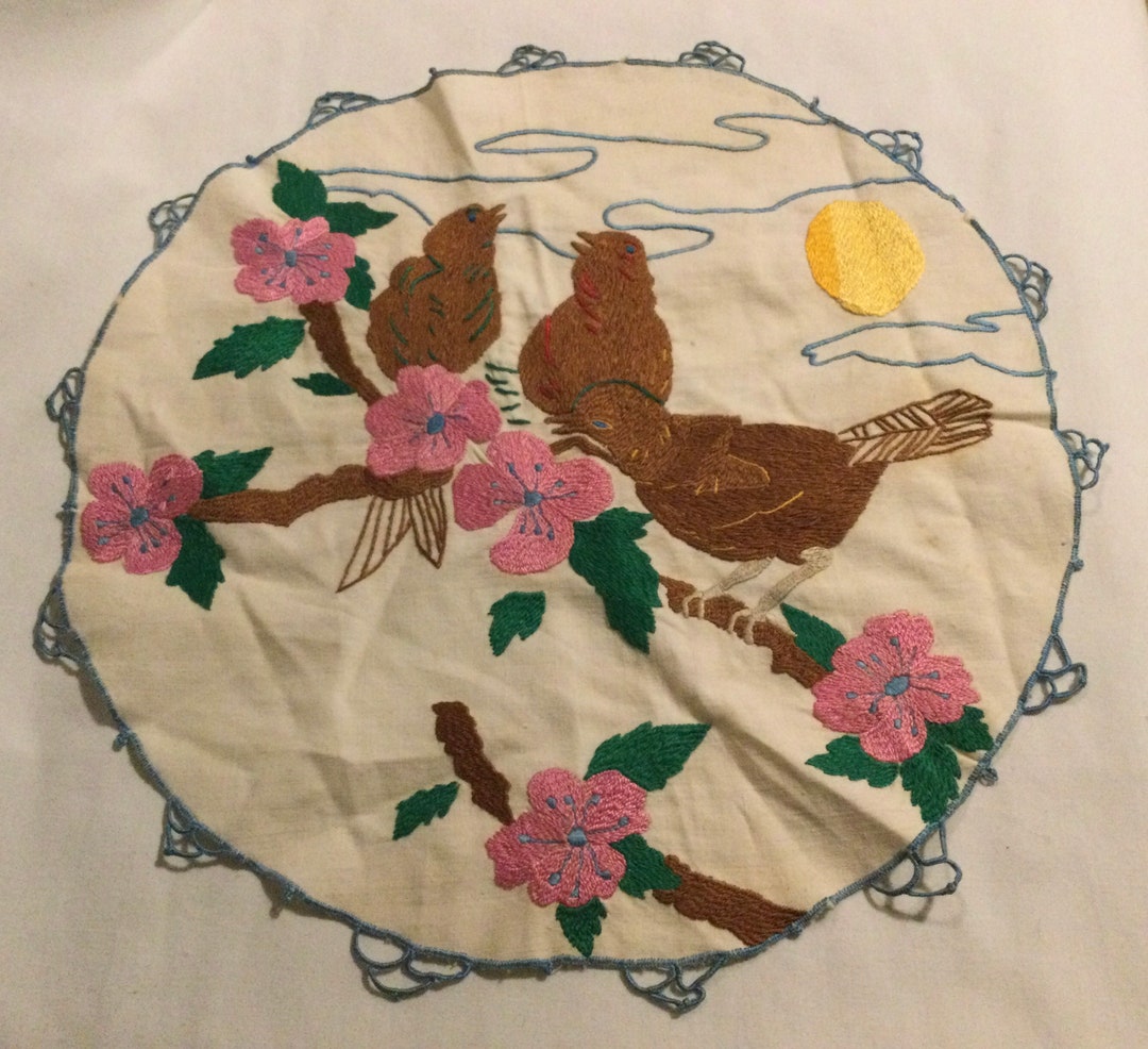 Antique Crewel Work Birds Singing on Floral Branch Doily - Etsy
