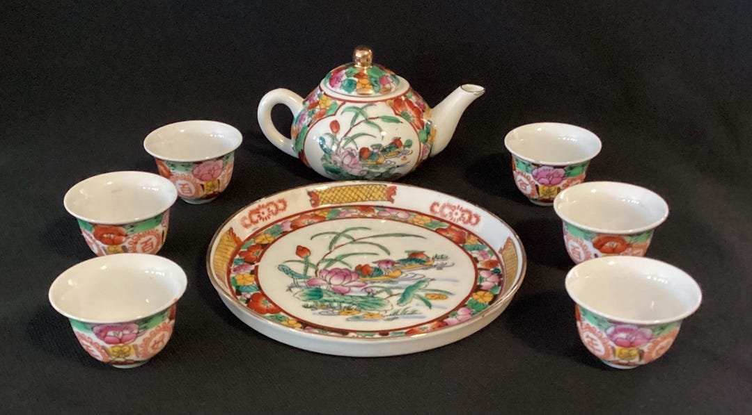 Vintage Japanese Porcelain Waterside Floral Pattern Miniature Tea Set ...