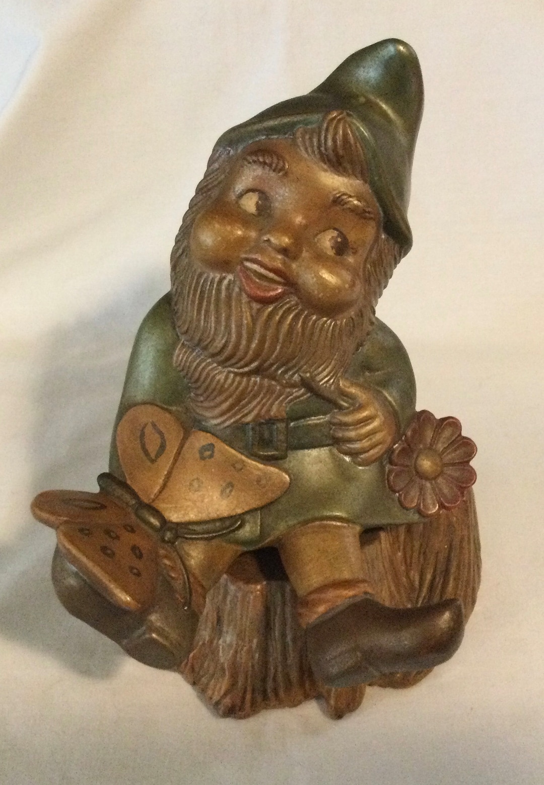 Vintage Ceramic Elf W/ Butterfly Sitting on Stump Figurine - Etsy