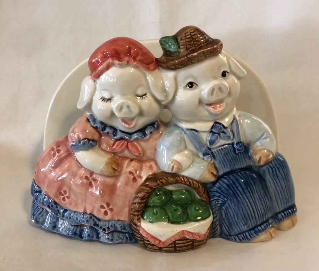 Vintage Otagiri Pig Husband & Wife Farmers W/ Apples Ceramic Napkin ...