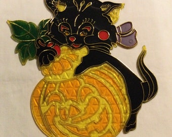 Black Cat Pumpkin Suncatcher/jack O' Lantern Cat Suncatcher, Vintage ...