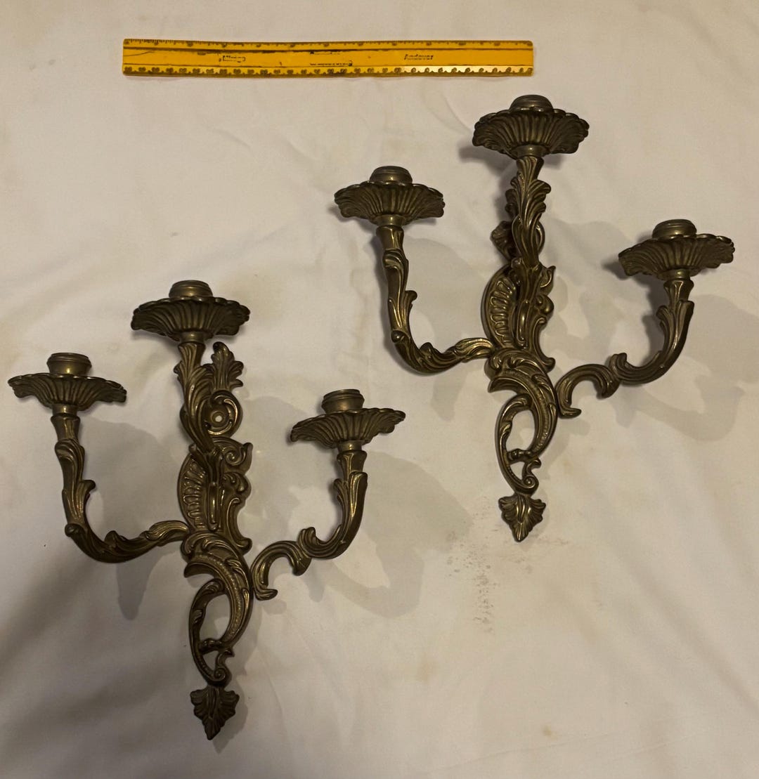 Vintage Pair Fancy Brass Triple Sconce Candleholders - Etsy
