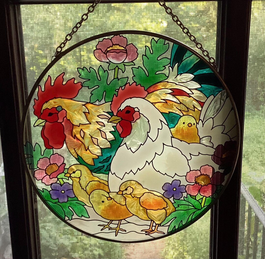 Vintage Stained Glass Rooster, Hen and Chicks Suncatcher Window ...
