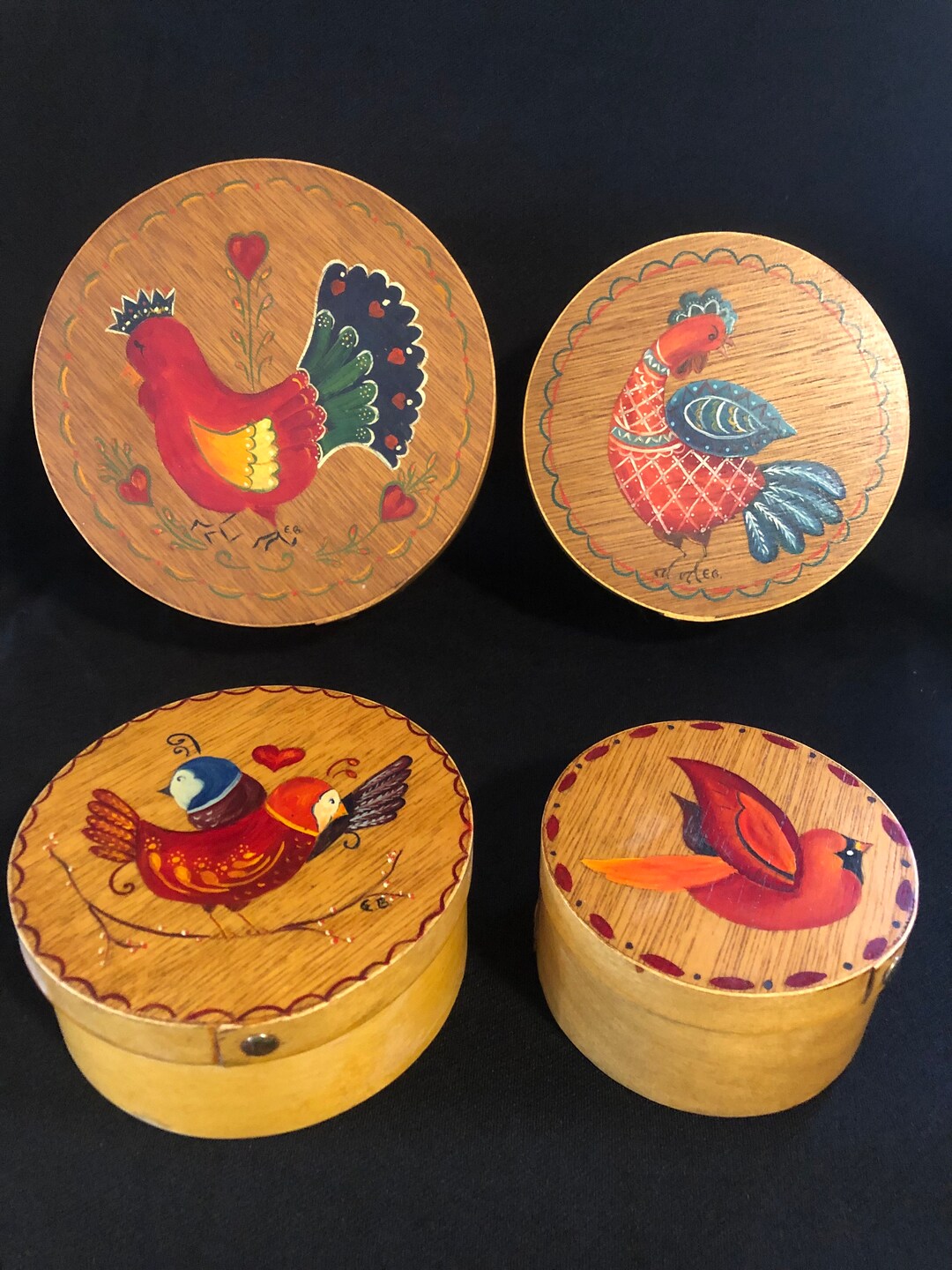 4p Vintage Hand Paintrd Rooster & Bird Round Amish Shaker Bentwood ...