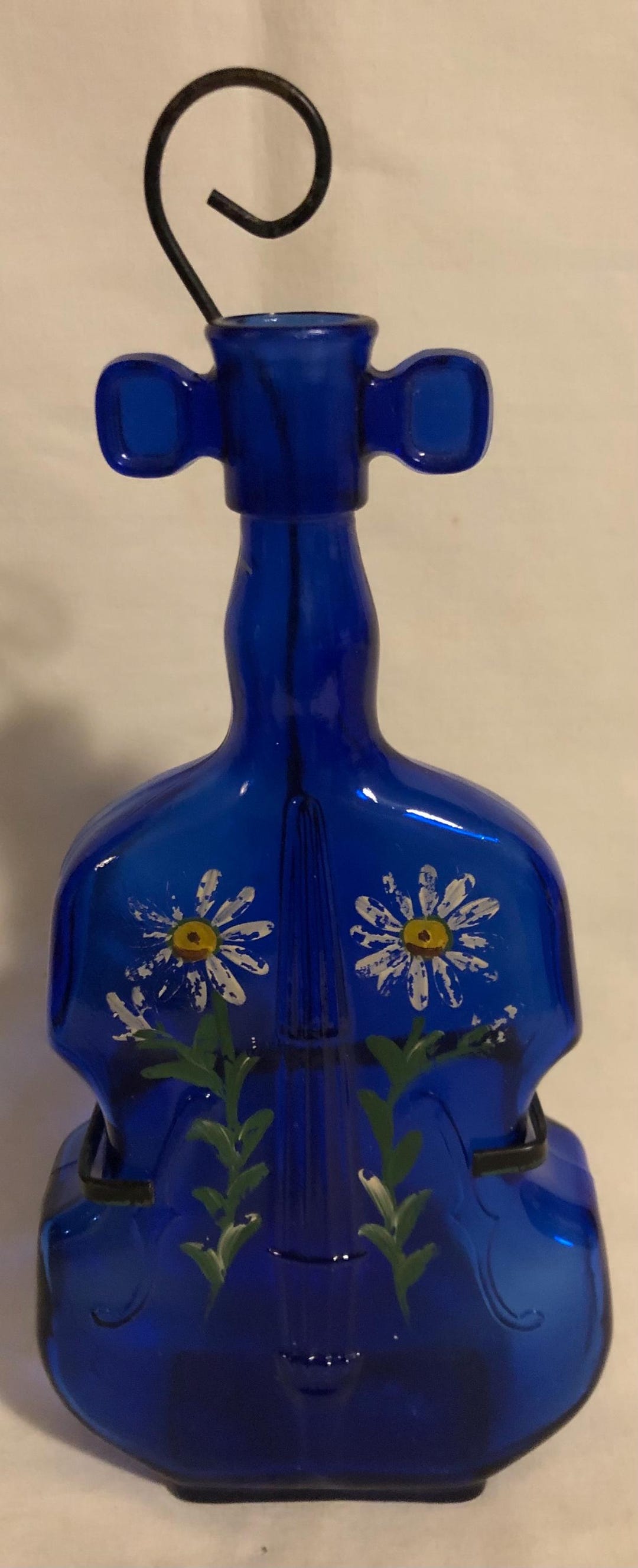 Antique Cobalt Blue W/ Daisies Violin Bottle W/ Original Metal Hanger ...