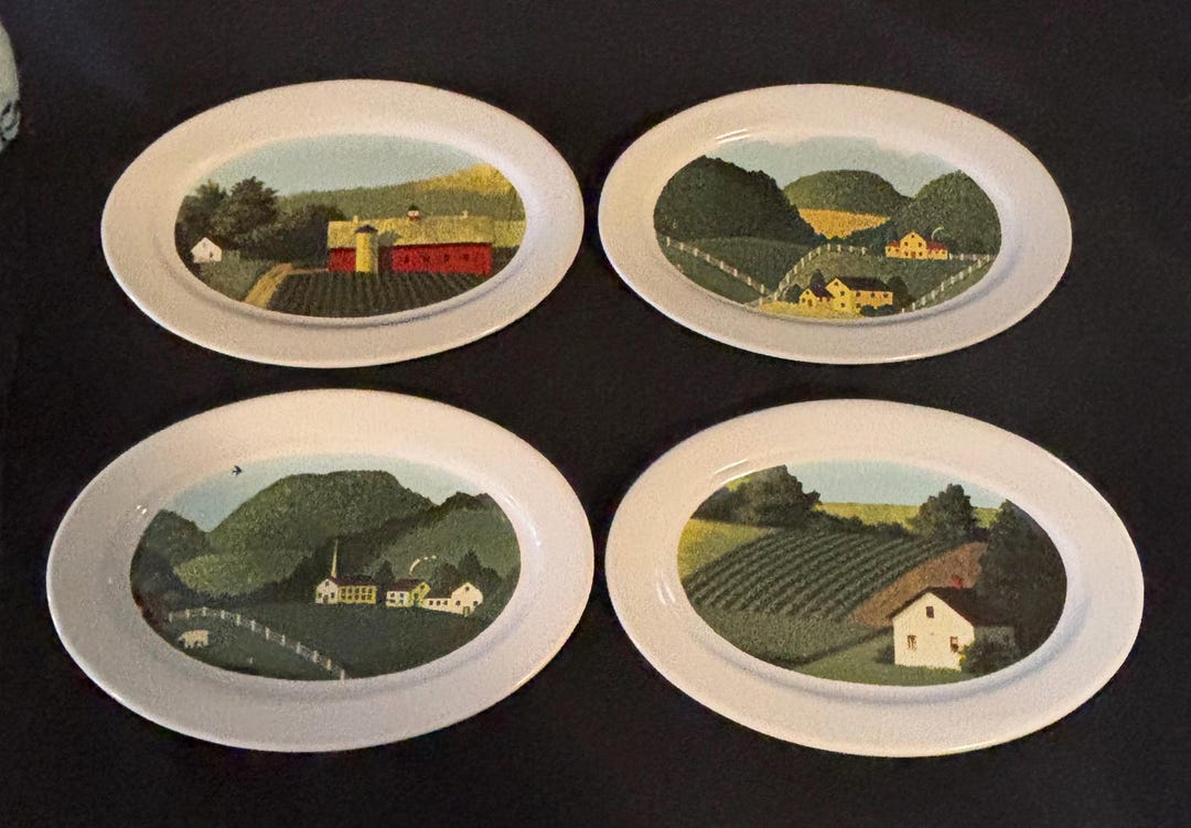 4 Nantucket Home Small Oval Folk Art Countryside Scene Plates - Etsy