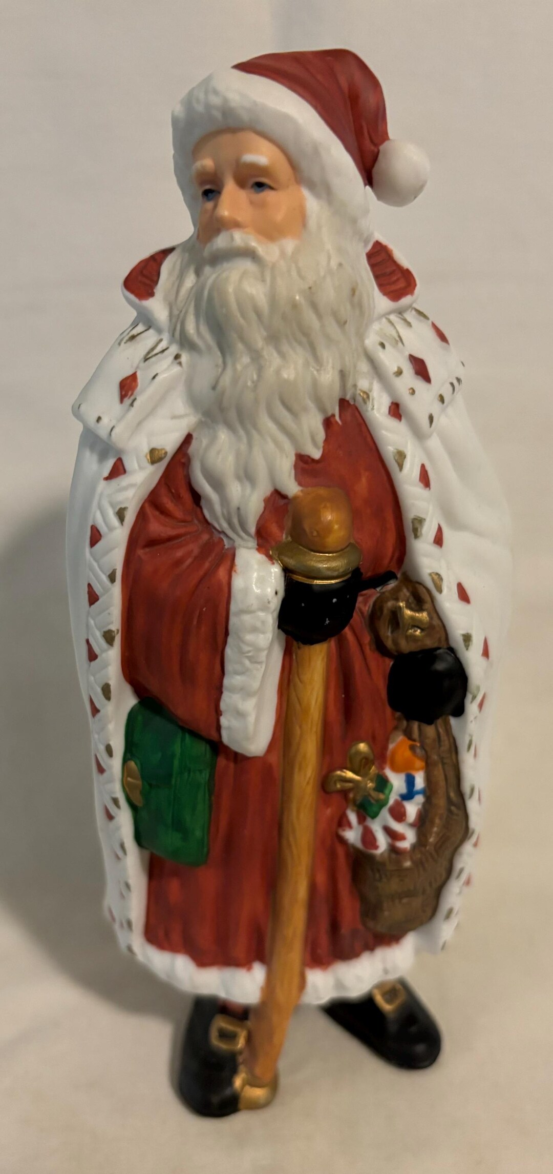 Vintage Porcelain Santa Claus in White Cape W/ Walking Stick Figurine ...
