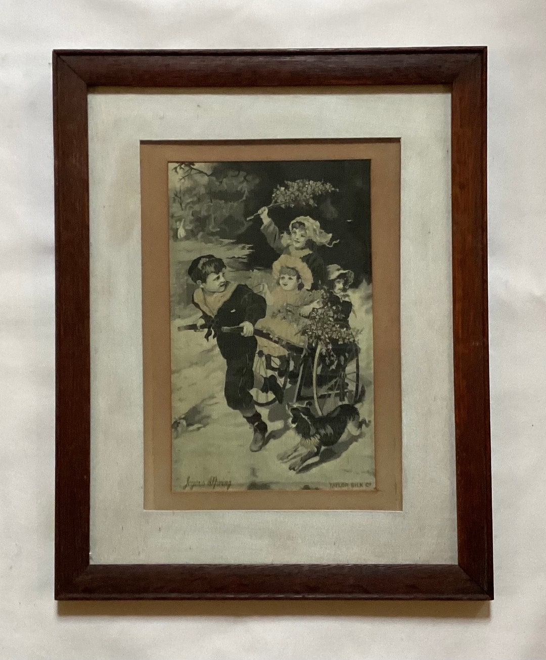 Vintage Taylor Silk Co. “ Joyous Spring “ Children Running With Cart ...