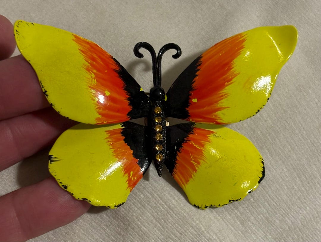 Vintage Retro Large Painted Metal Butterfly W/ Rhinestones Pin - Etsy