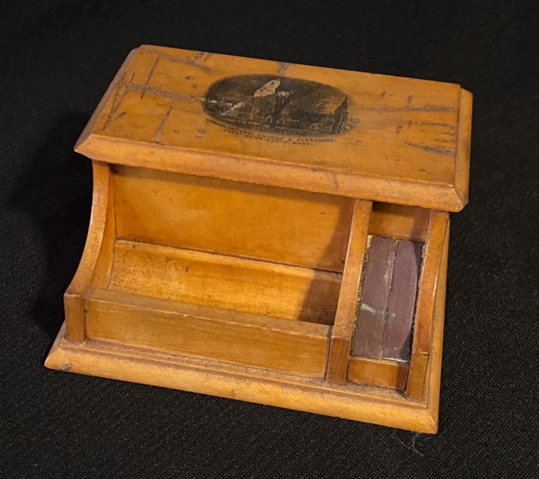 Antique Wooden Cigarette Box W/ Match Strike Souvenir of Congregational ...