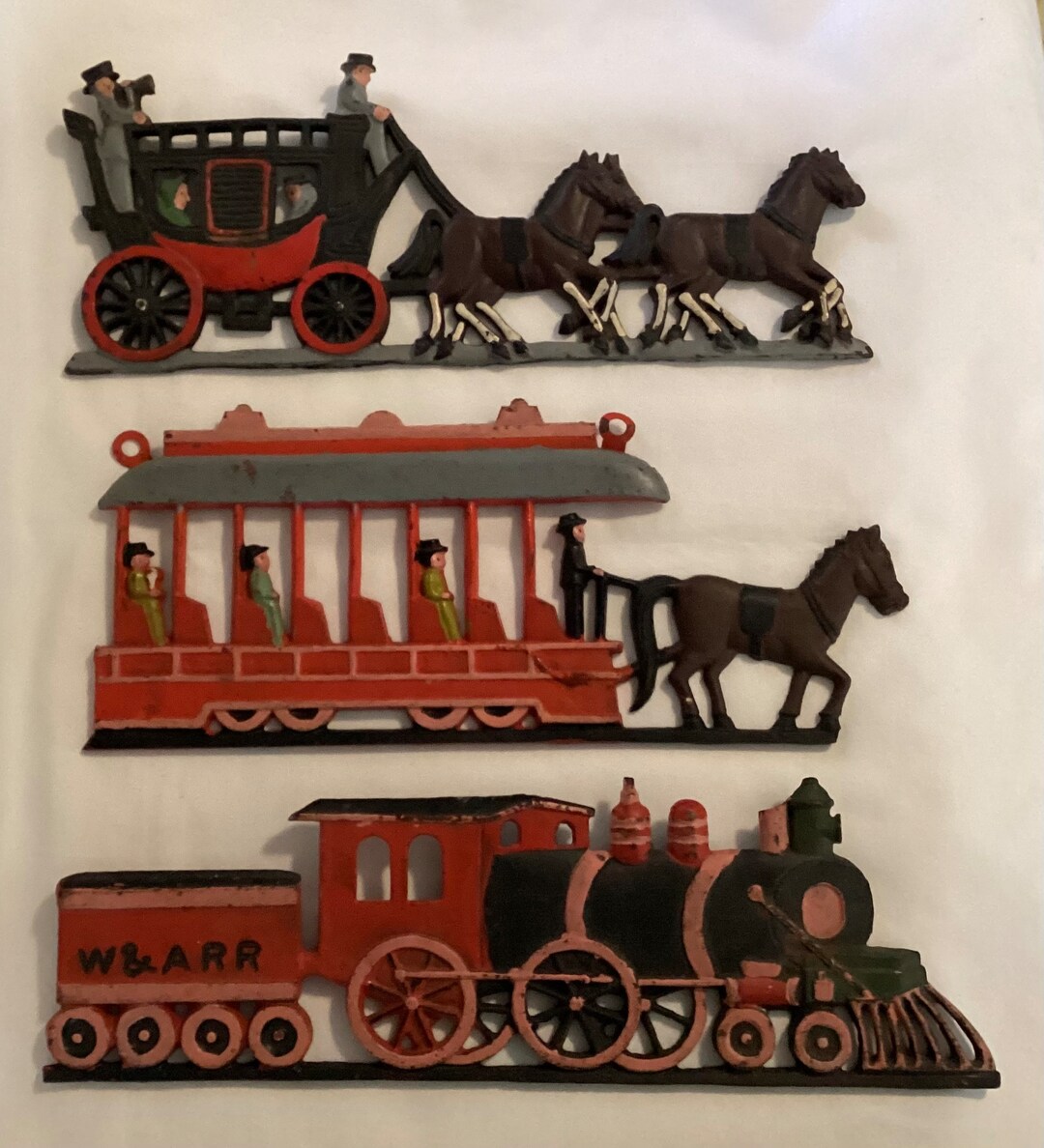 Vintage Set of Three Cast Iron Stagecoach, Trolly and Train Engine Wall ...