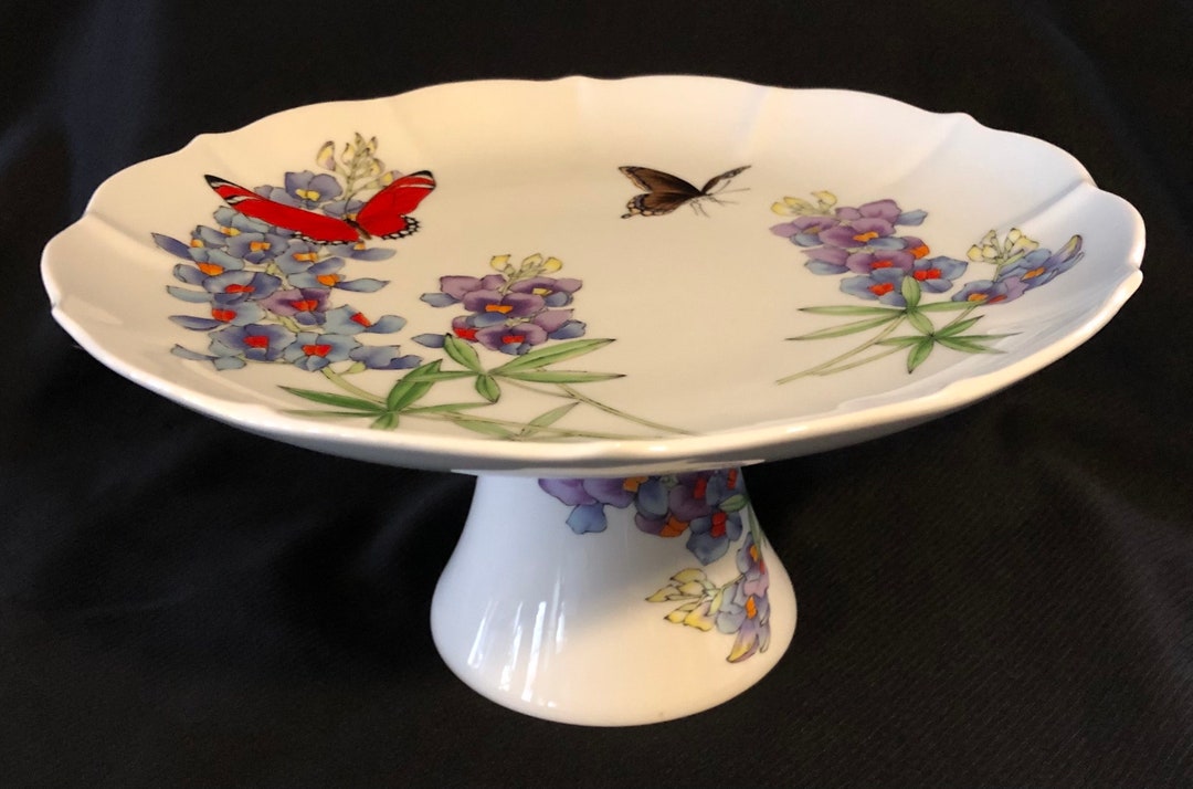 Vintage Toyo Japan Blue Bonnet Pattern Butterfly & Flowers Cake Stand ...