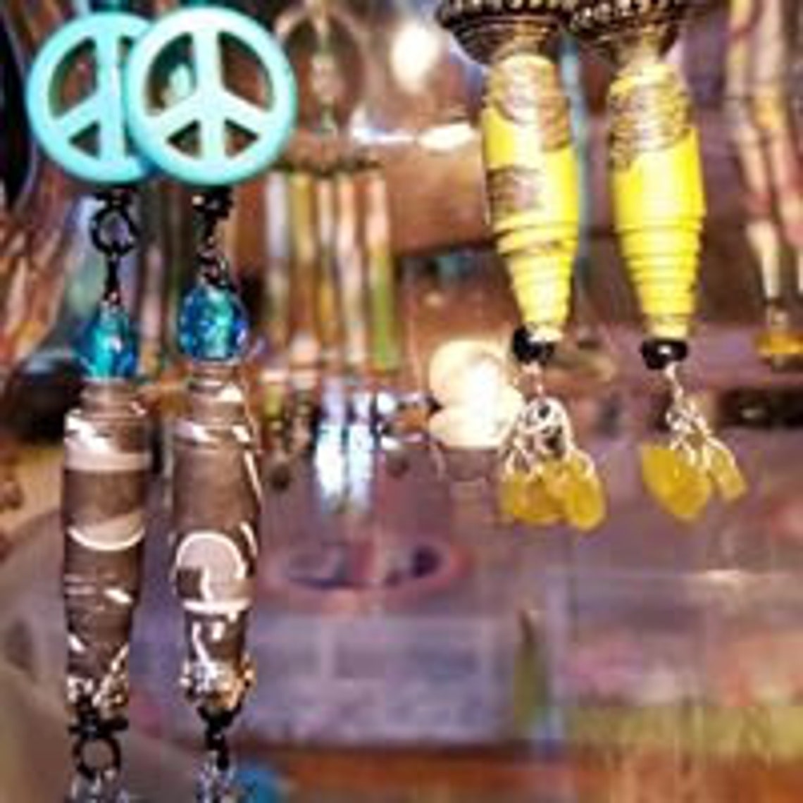 Black & Turquoise Dangles, Peace Sign Earrings, Peace Sign Dangles ...