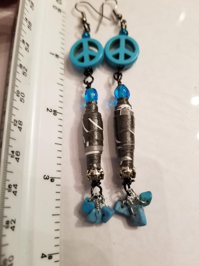 Black & Turquoise Dangles, Peace Sign Earrings, Peace Sign Dangles ...