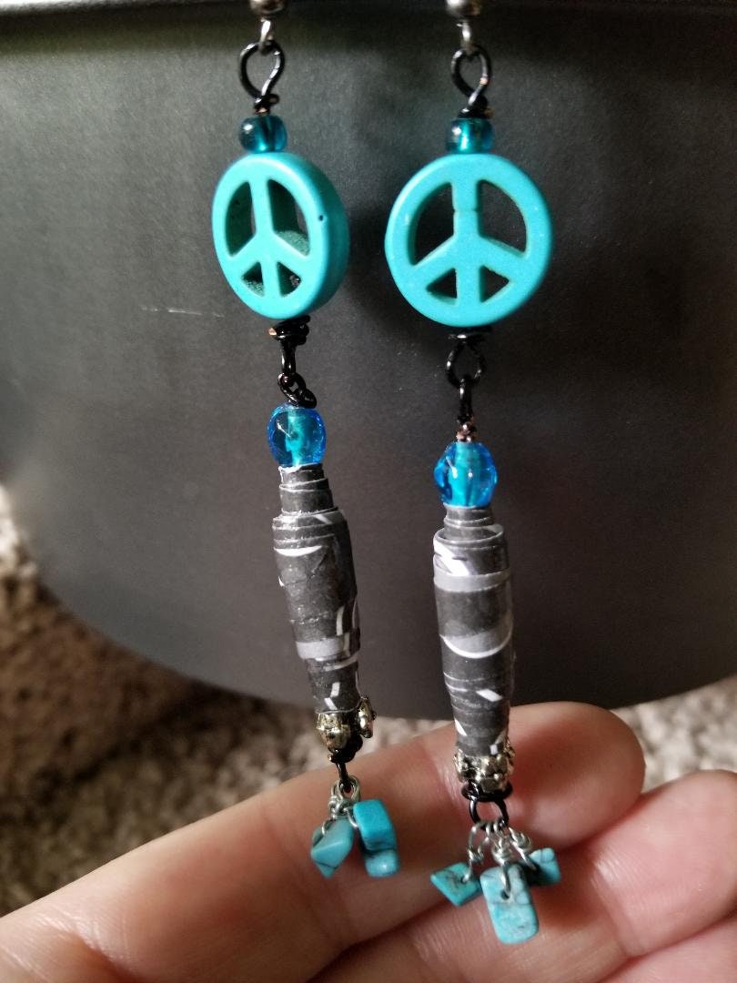 Black & Turquoise Dangles, Peace Sign Earrings, Peace Sign Dangles ...