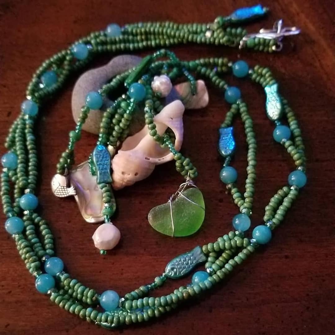 Talisman, Hag Stone, Amazonite, Long Beaded Necklace, Ocean Treasure ...