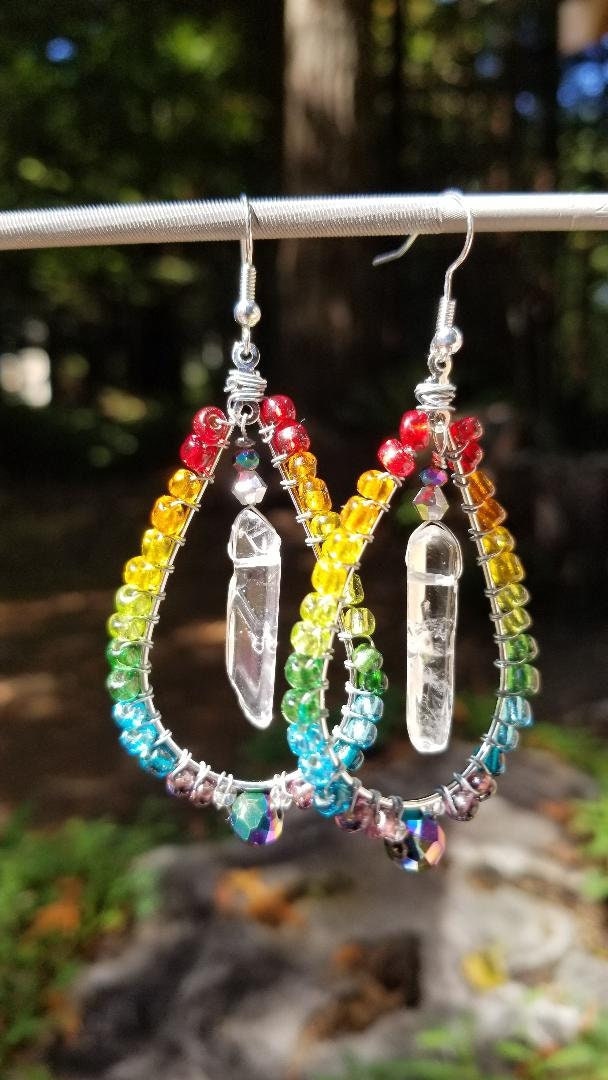 RAINBOW, Quartz Point, Pride Teardrop, Beaded Hoop, Rainbow Pride ...