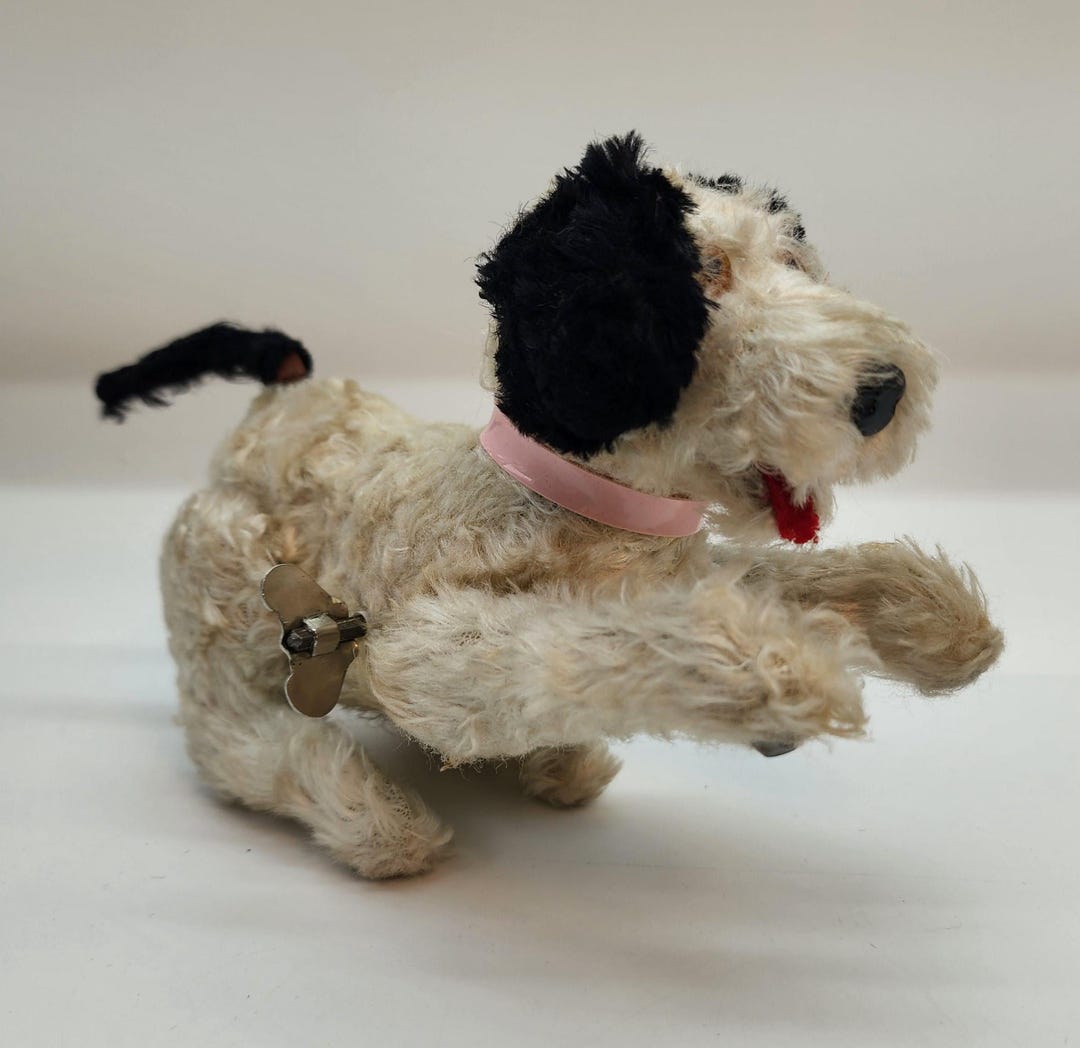 Vintage Plush Wind-up Dog Toy White Puppy Black Ears Pink Collar Key ...