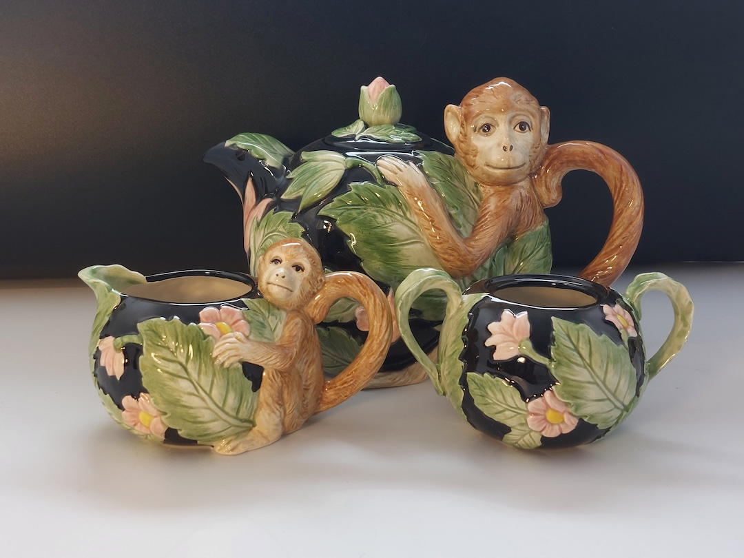 Fitz & Floyd Monkey Teapot Creamer Sugar Bowl Vintage Floral Set - Etsy
