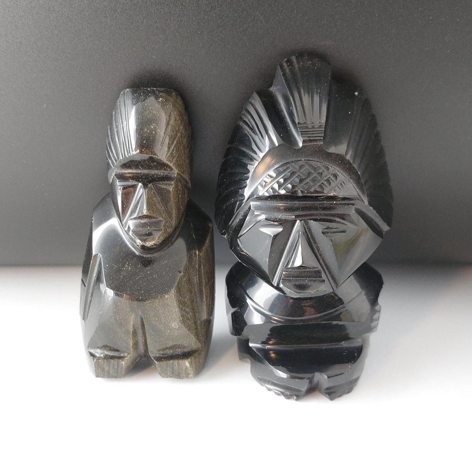 Obsidian Sculptures Set of Two Aztec Gods Black Mayan Volcanic Glass ...
