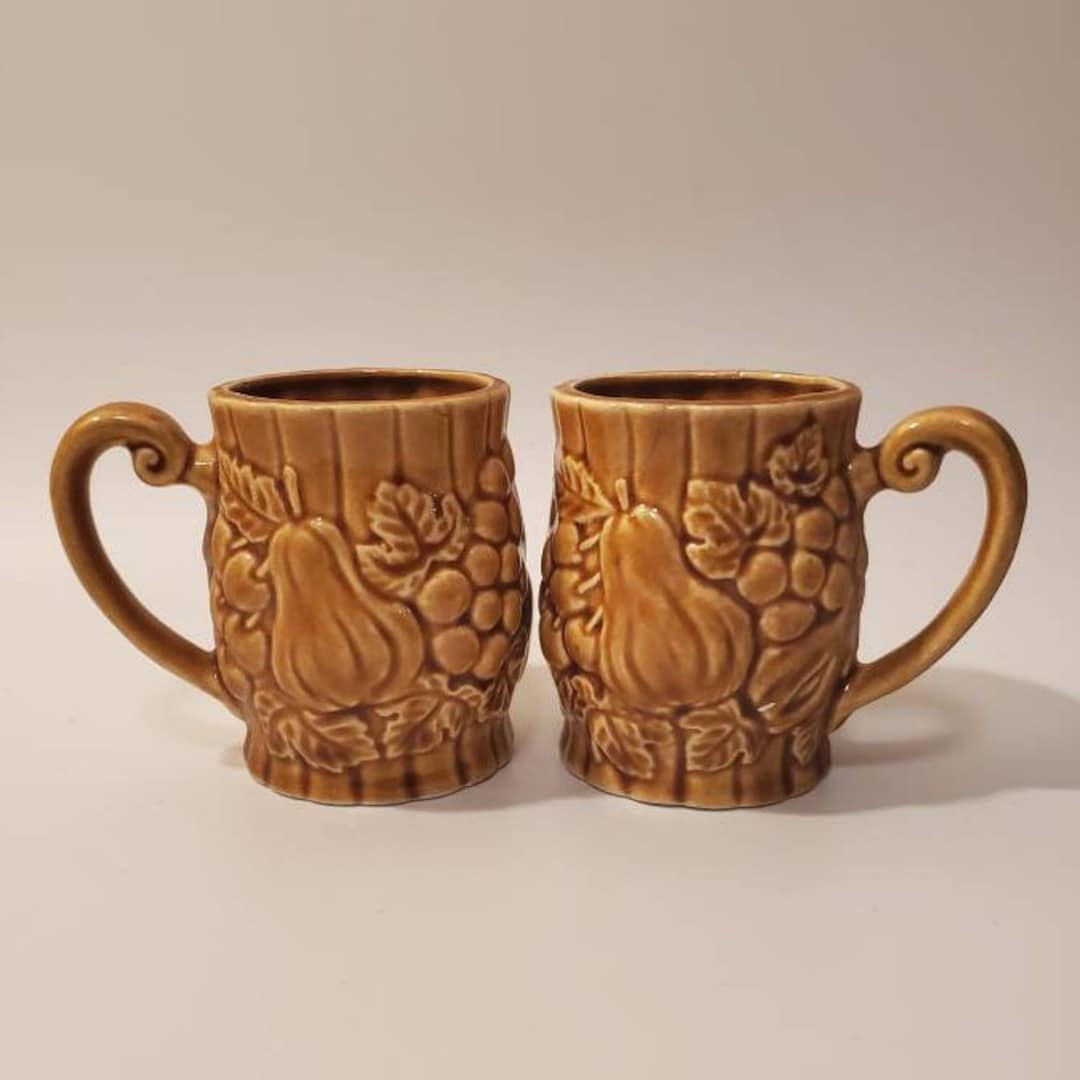 Inarco Pottery Mugs Japan Vintage Coffee Cups Set of 2 Fruit Motif Mugs ...