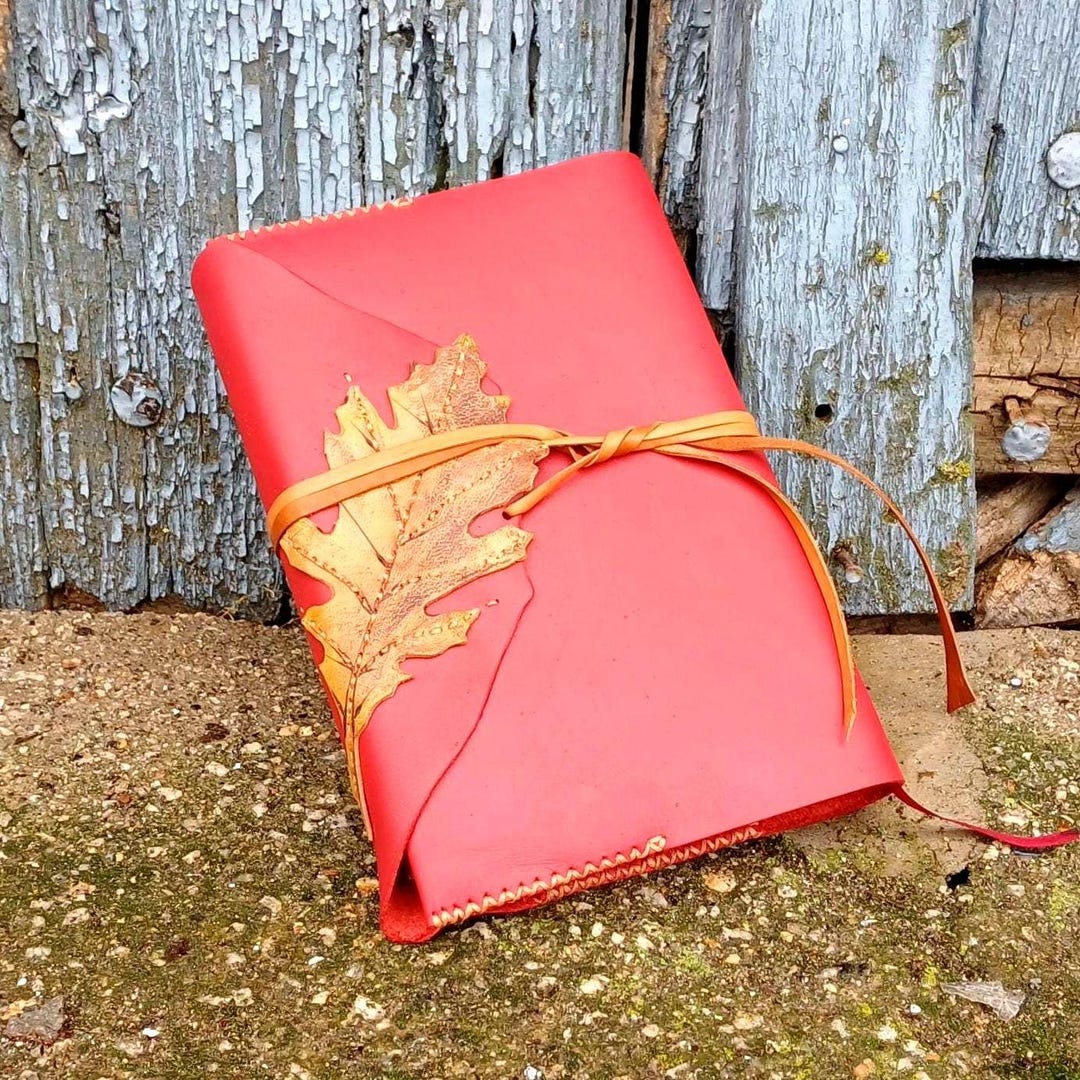 Red Leather Book Cover With Leaf Detail. Protective Red Planner Cover ...