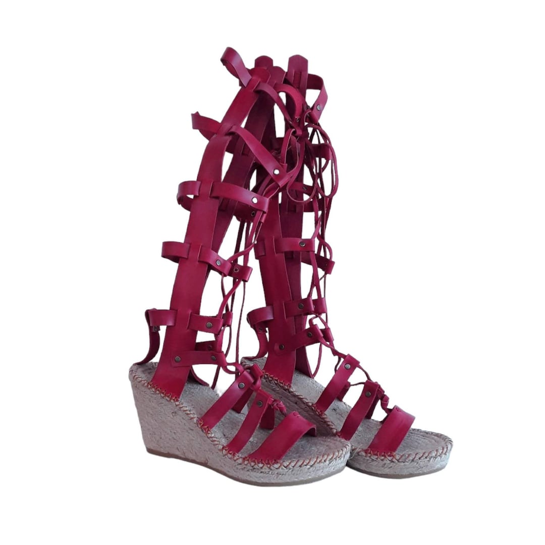 Gladiator Sandal With Knee-high Straps. Red Gladiator Sandals. Roman ...