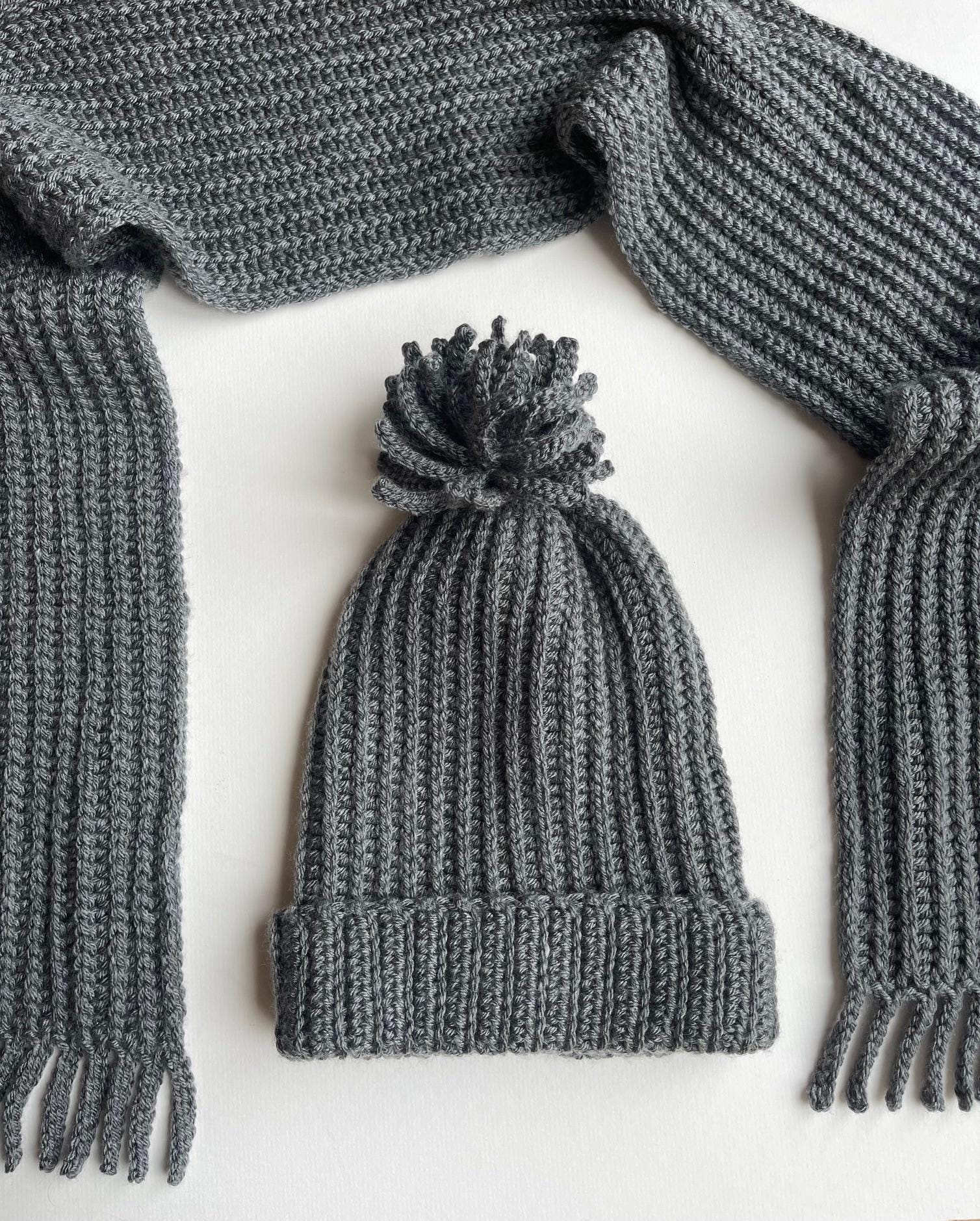 Crochet Pattern - Anthracite Grey Ribbed Scarf and Beanie Hat Set - Etsy