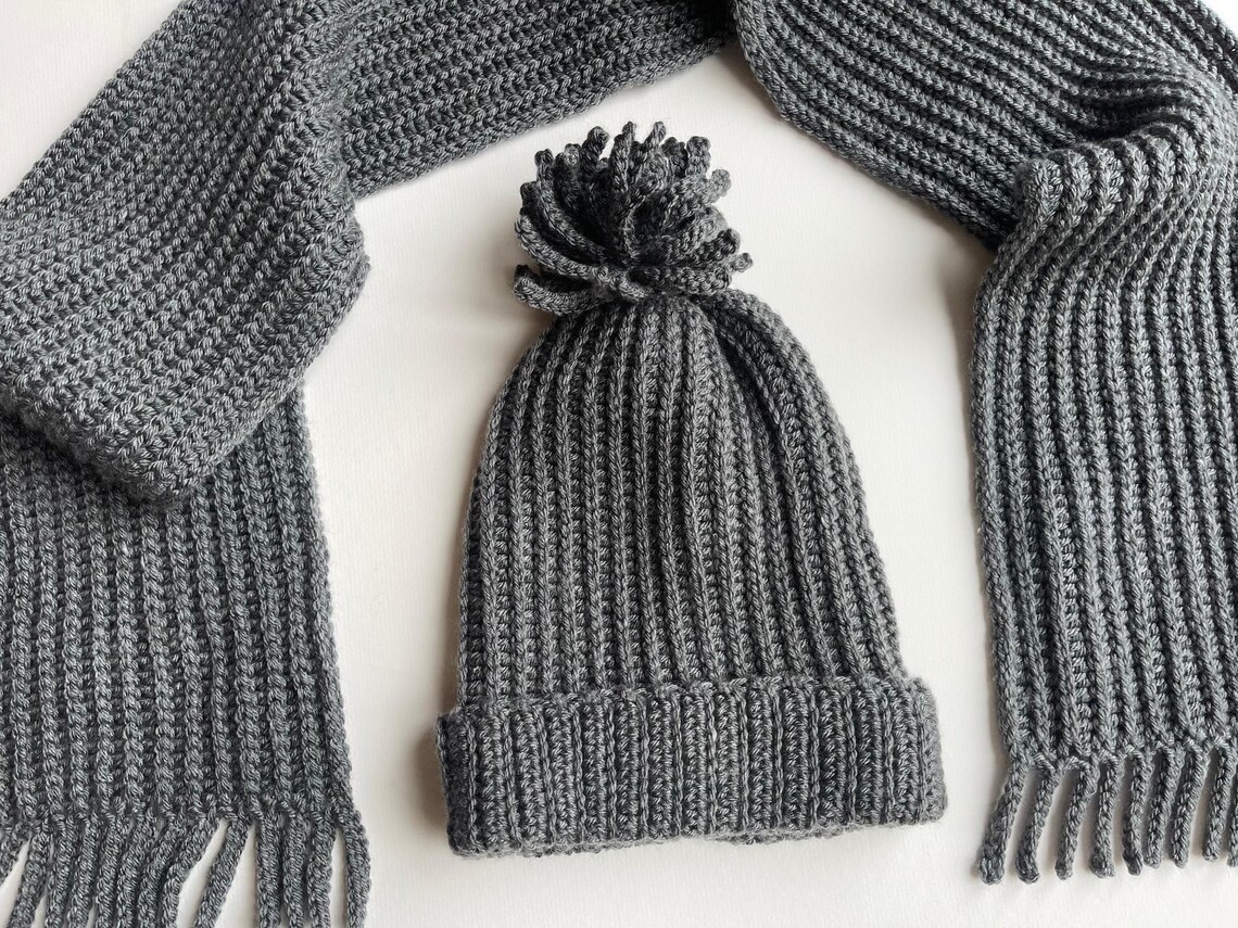 Crochet Pattern - Anthracite Grey Ribbed Scarf and Beanie Hat Set - Etsy