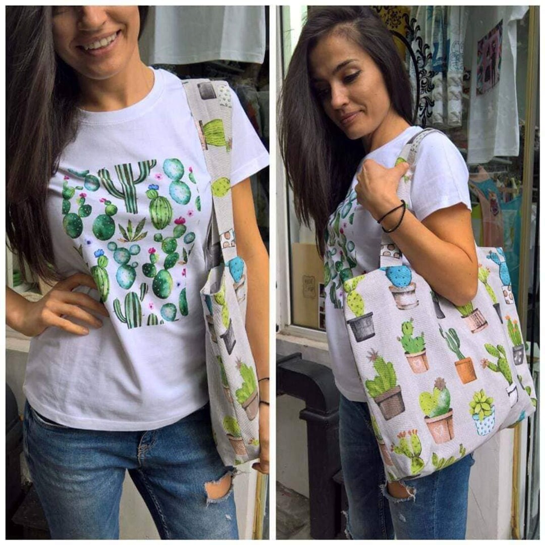 Cacti Tote Zipped Large Tote Fabric Bag Cacti Gift Weekend Tote Beach ...