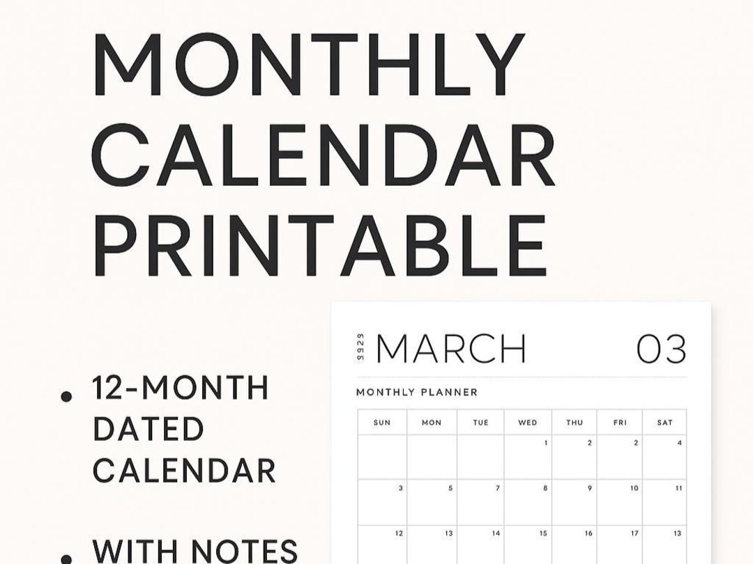 Monthly Calendar Printable | Minimalist Planner PDF | 12-month Dated ...