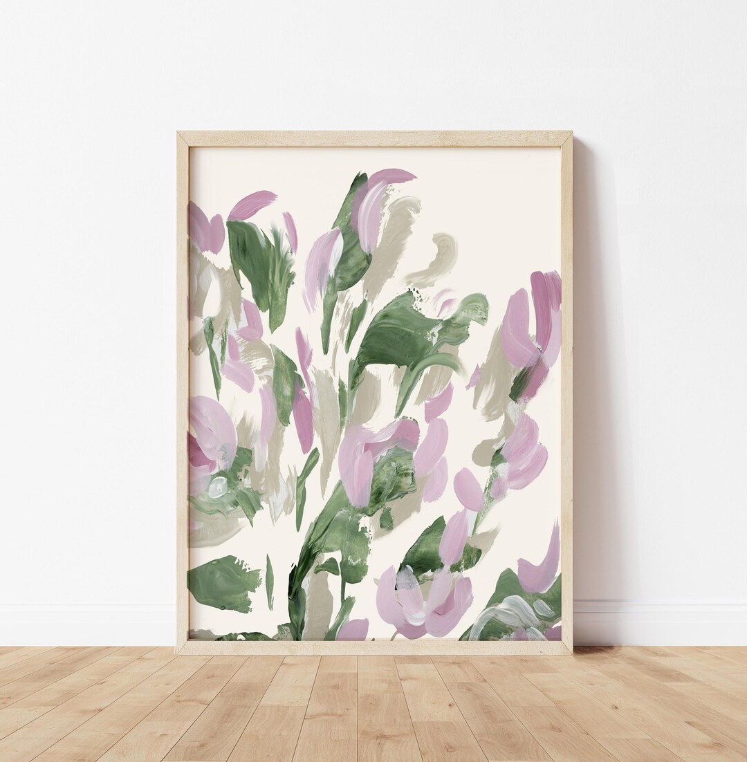 Pink Modern Abstract Flower Art Print Green Botanical Decor Wall Art ...