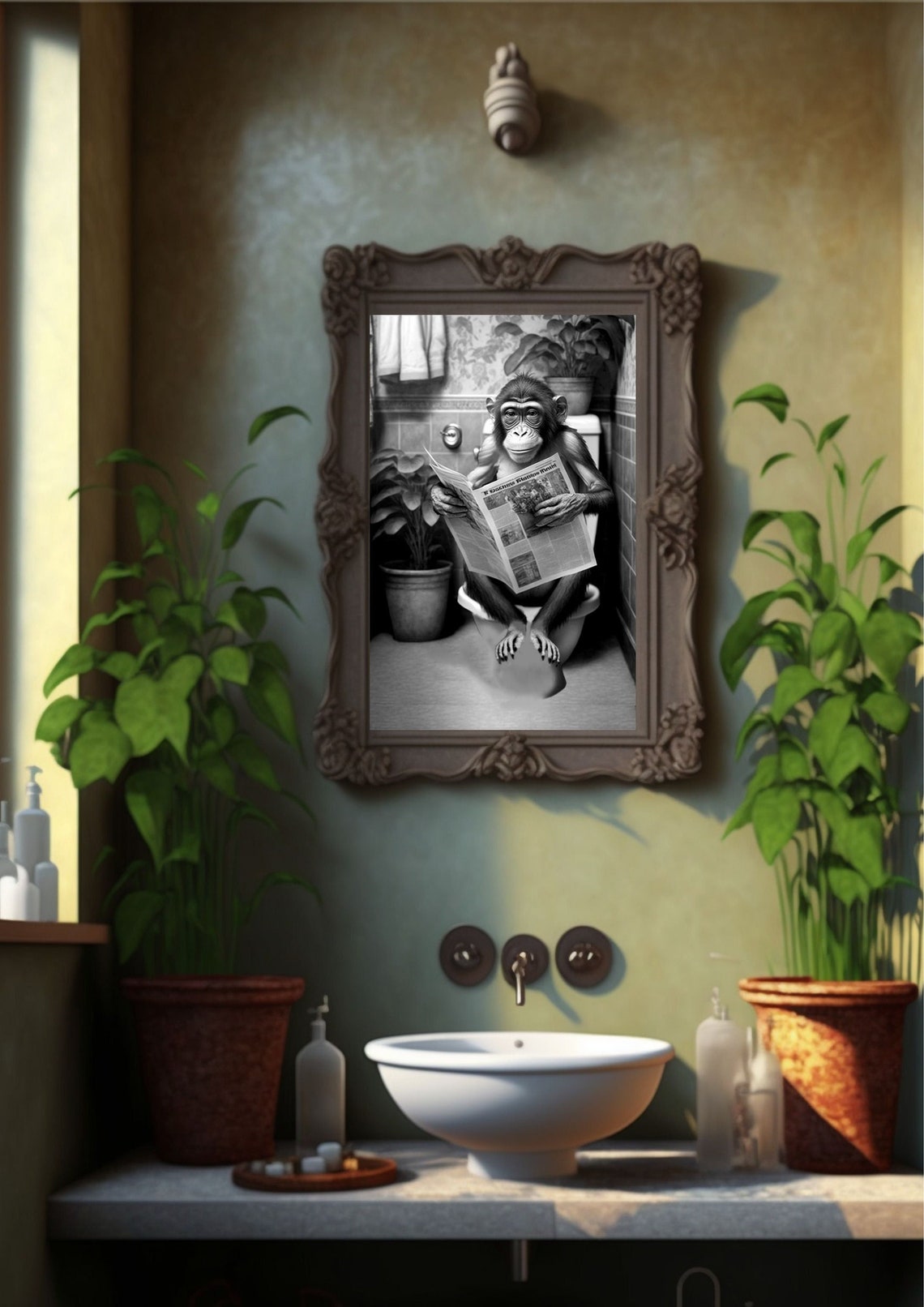 Bathroom Wall Art/monkey on Toilet Reading Newspaper Bathroom - Etsy