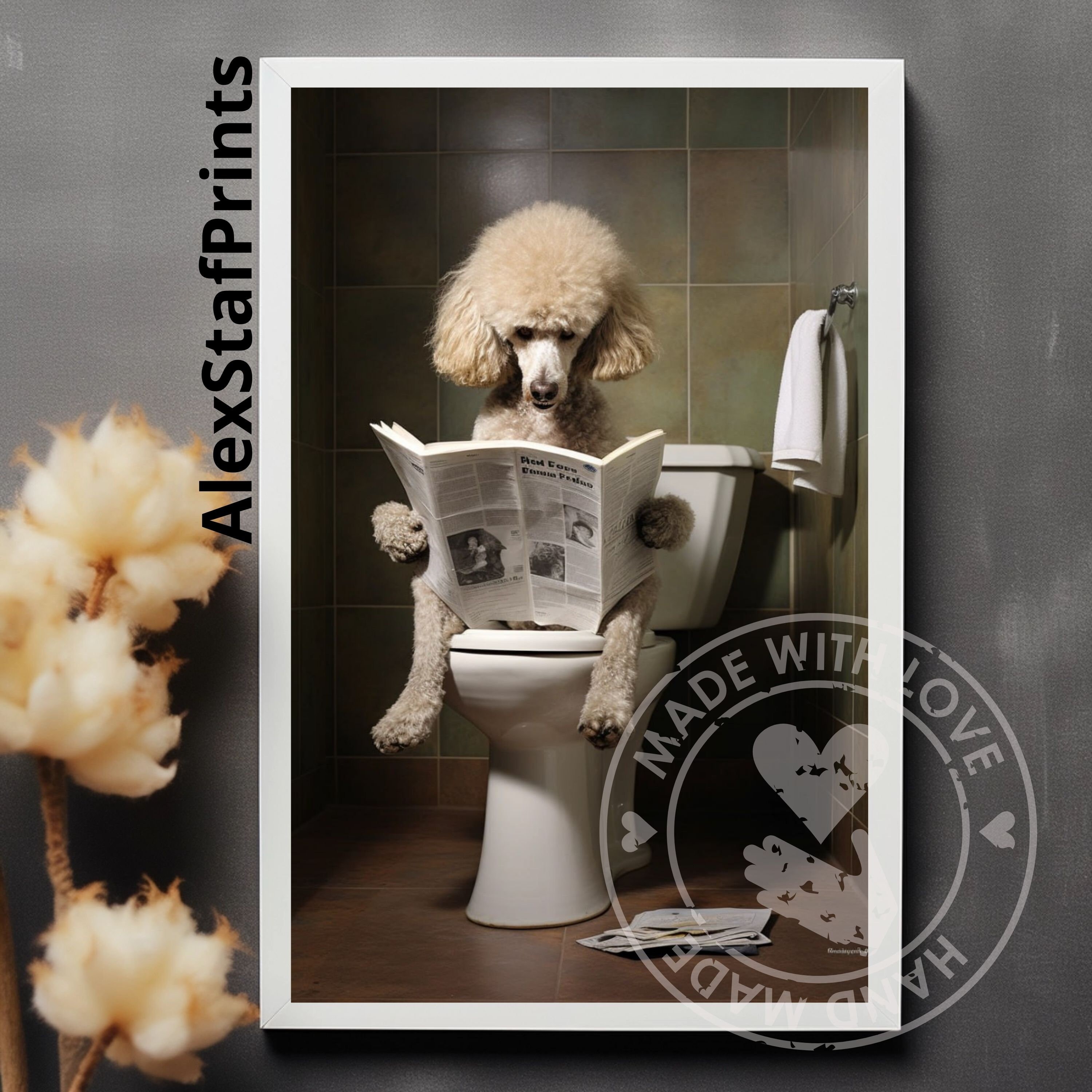 Poodle Bathroom PRINTABLE Art Sitting on Toilet Reading Newspaper ...