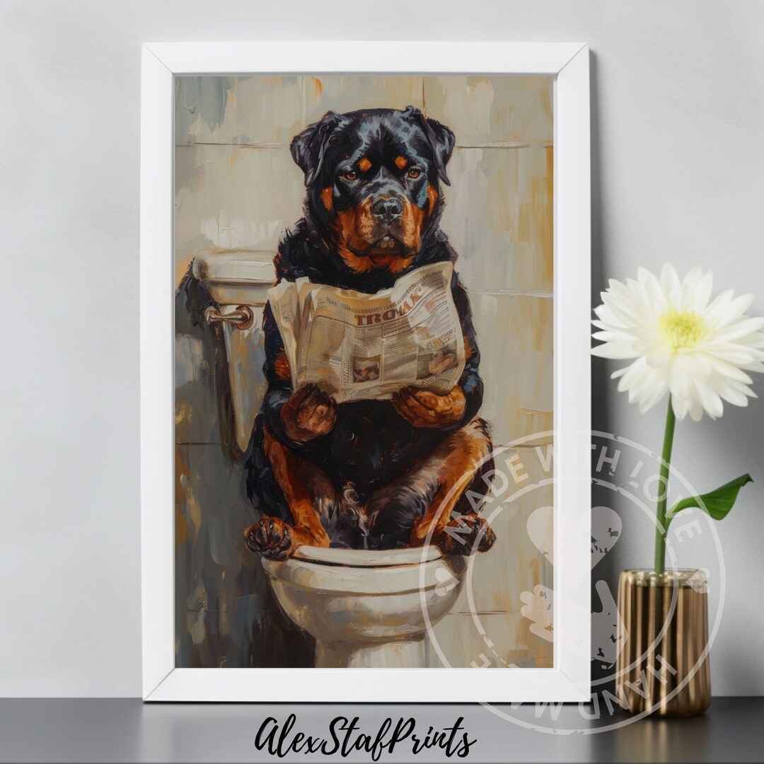 Rottweiler Bathroom PRINTABLE Art Sitting on Toilet Reading Newspaper ...