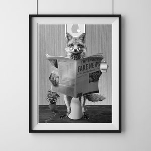 Fox Wall Art, Black Art, Fox in Toilet, Toilet Humor, Animal in Toilet ...
