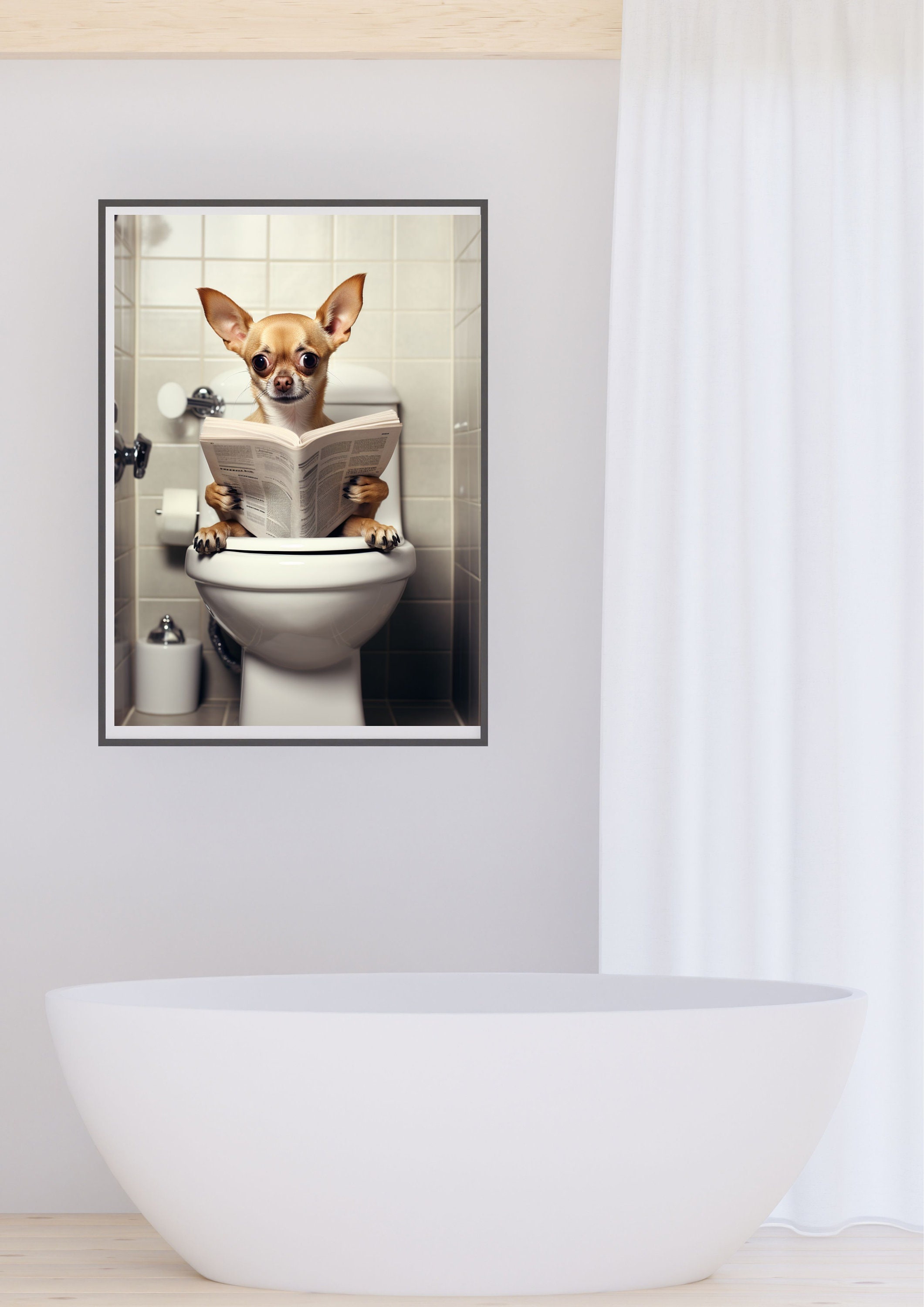 Chihuahua Sitting on the Toilet Reading a Newspaper, Funny Bathroom ...