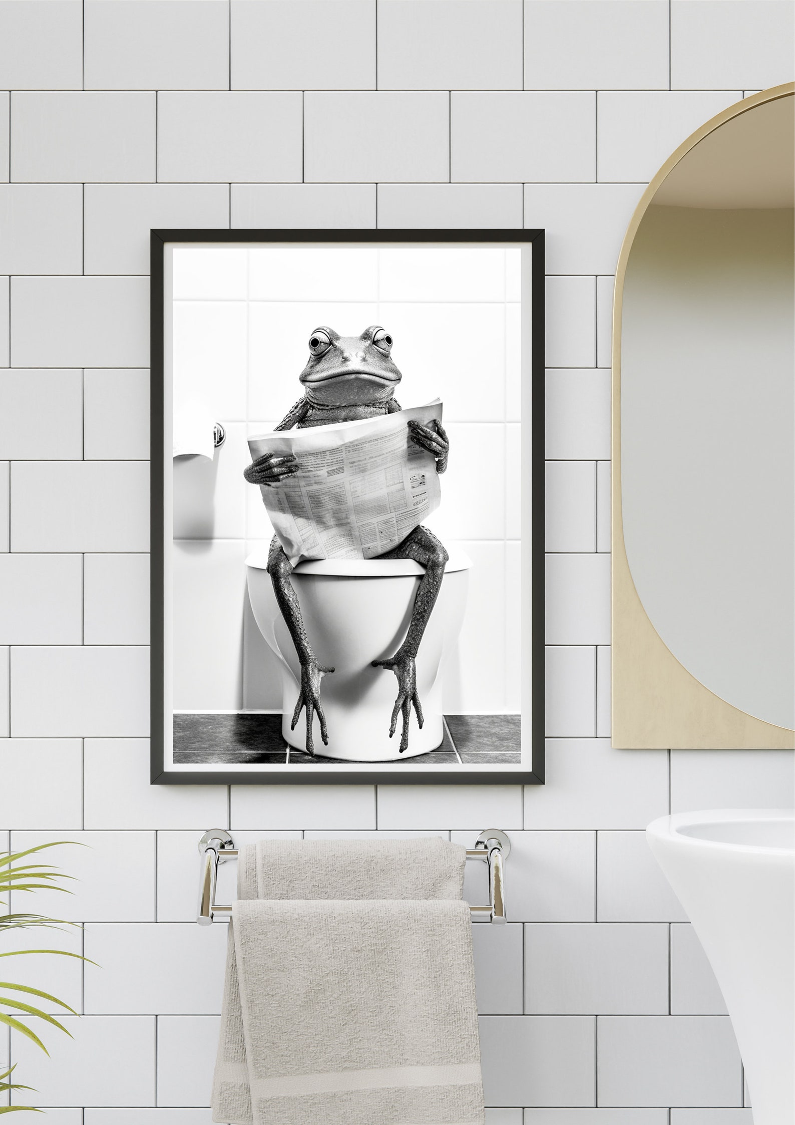 Frog Sitting on the Toilet Reading a Newspaper, Funny Bathroom Humor ...