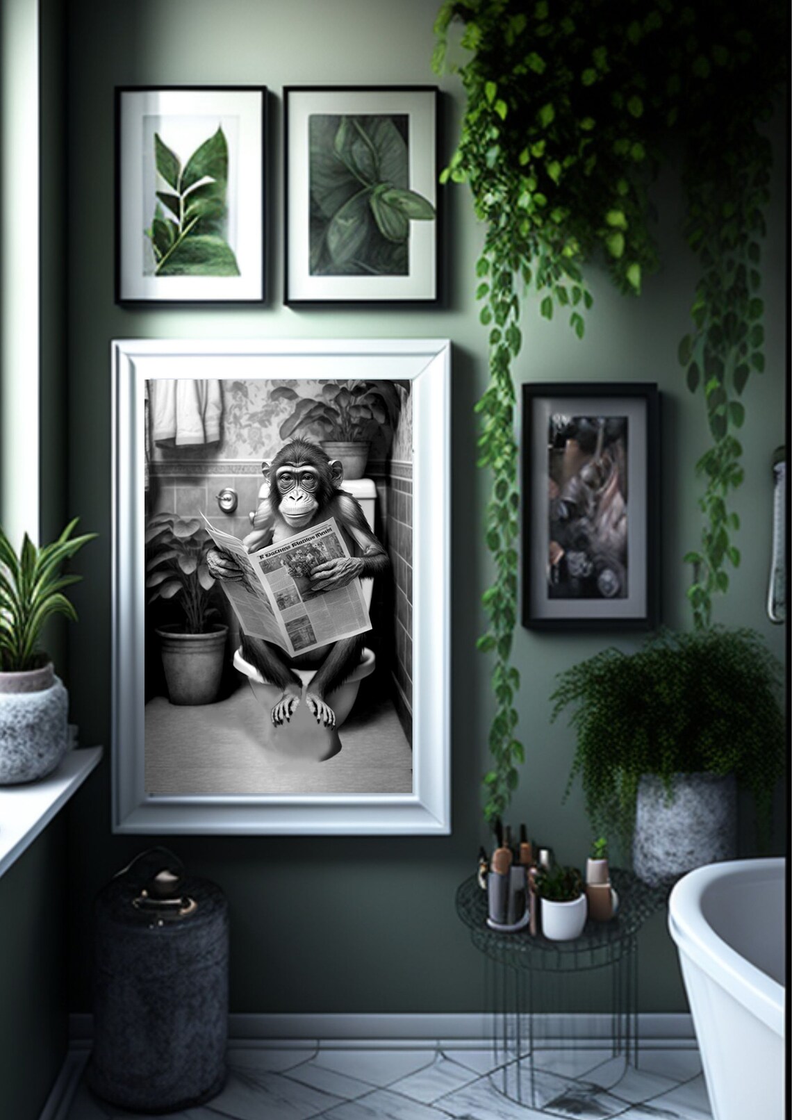 Bathroom Wall Art/monkey on Toilet Reading Newspaper Bathroom - Etsy