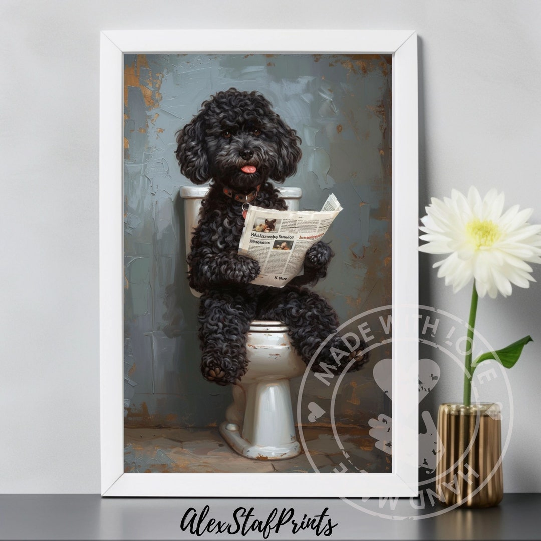 Cockapoo Black Dog Bathroom PRINTABLE Art Sitting on Toilet Reading ...