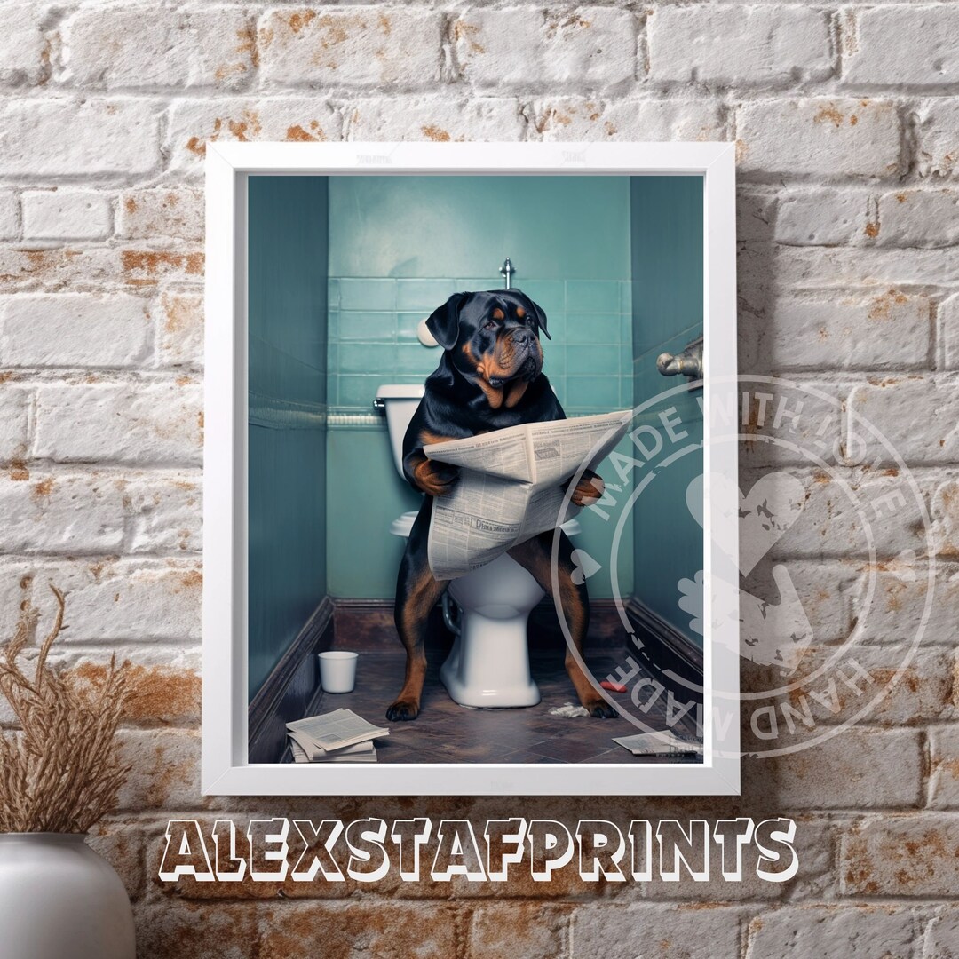 Rottweiler on the Toilet, Blue Bathroom Print, Bathroom Wall Art ...