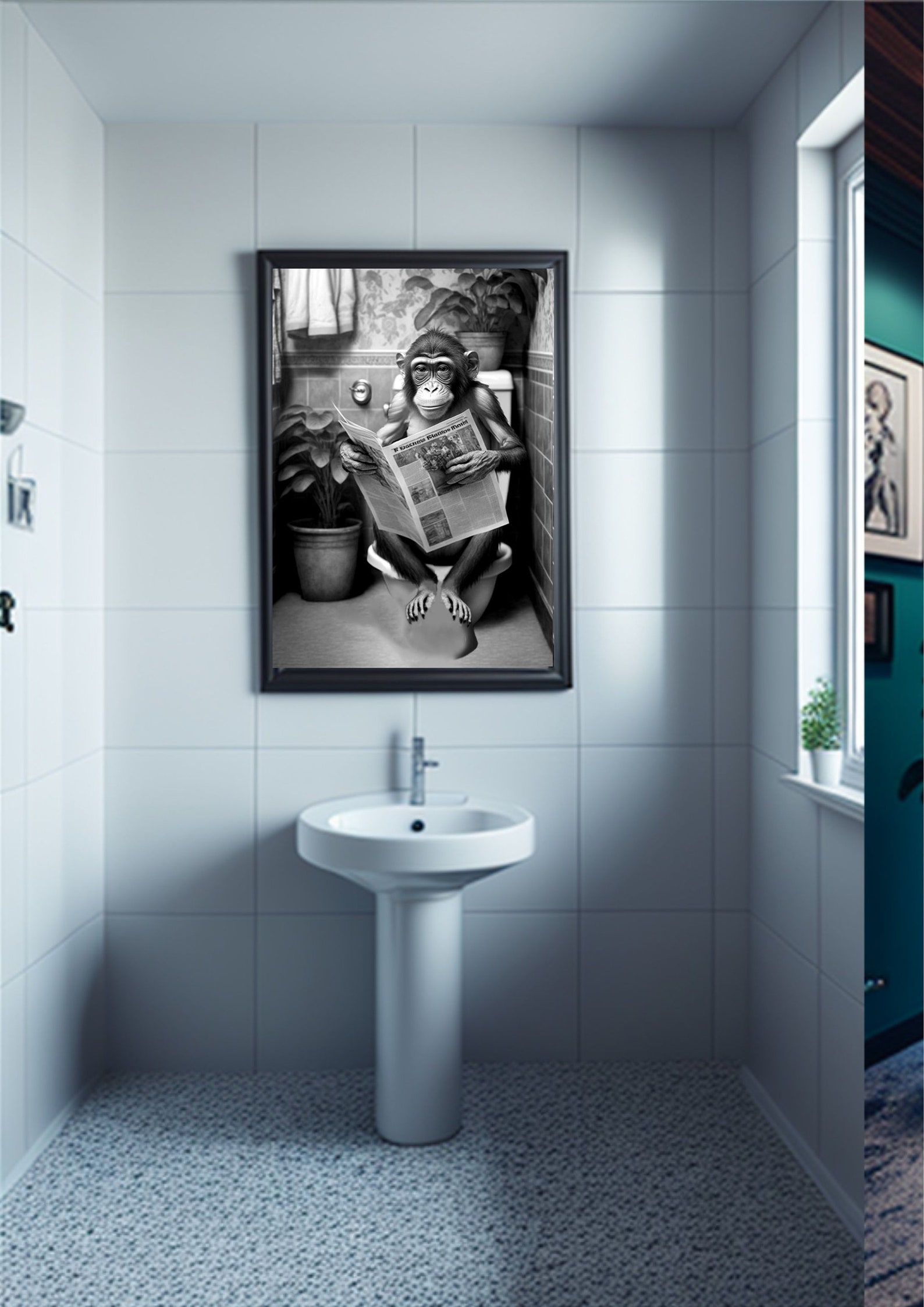 Bathroom Wall Art/monkey on Toilet Reading Newspaper, Bathroom Humor ...