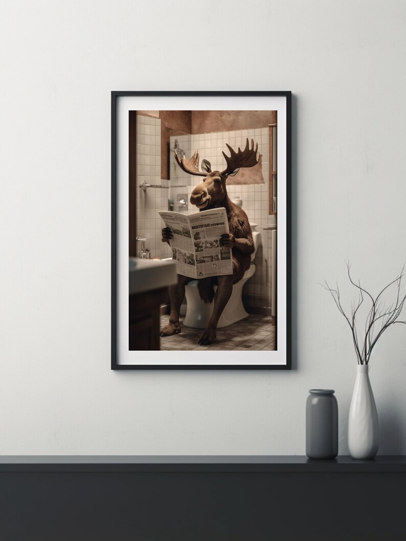 Moose Sitting on the Toilet Reading a Newspaper, Funny Bathroom Humor ...