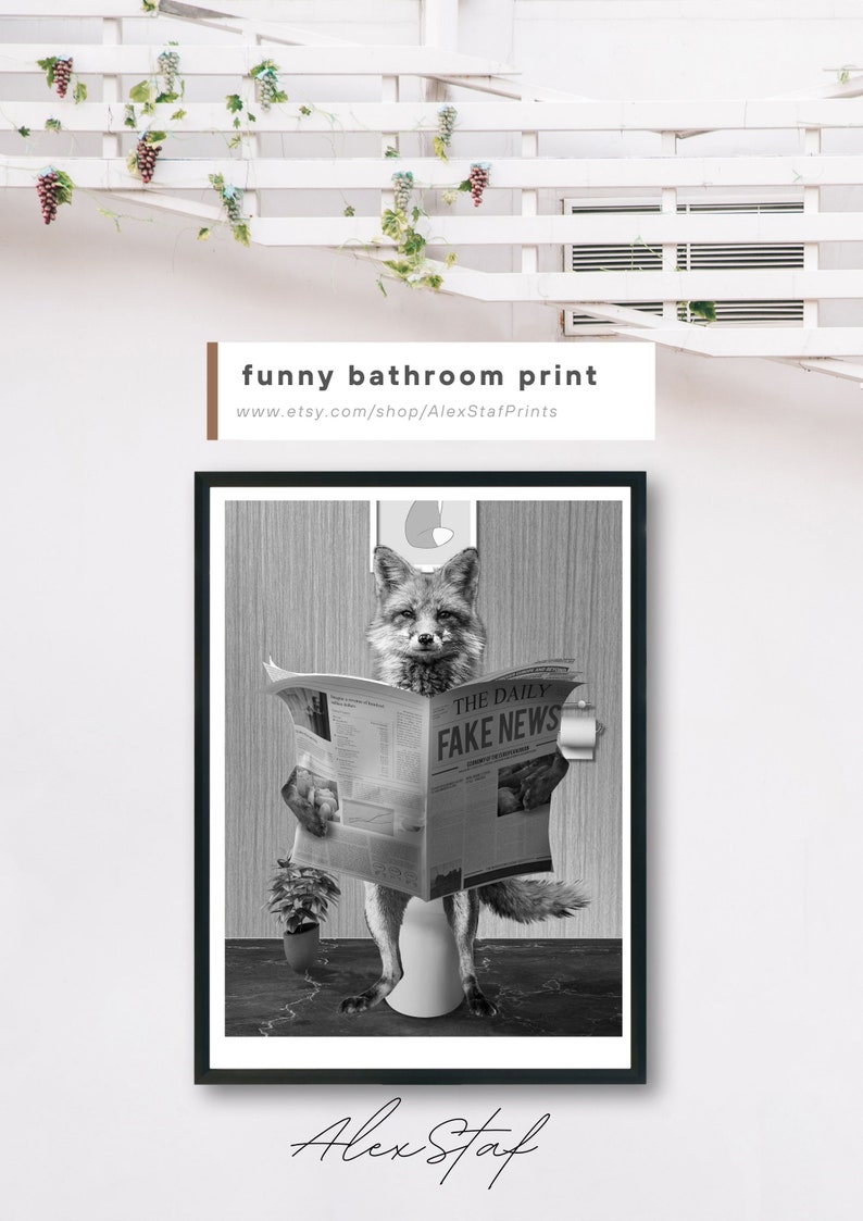 Fox Wall Art Black Art Fox in Toilet Toilet Humor Animal - Etsy
