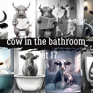 Toilet Art Bathroom Decor Whimsical Set of 17 Cow Paintings for Rustic ...