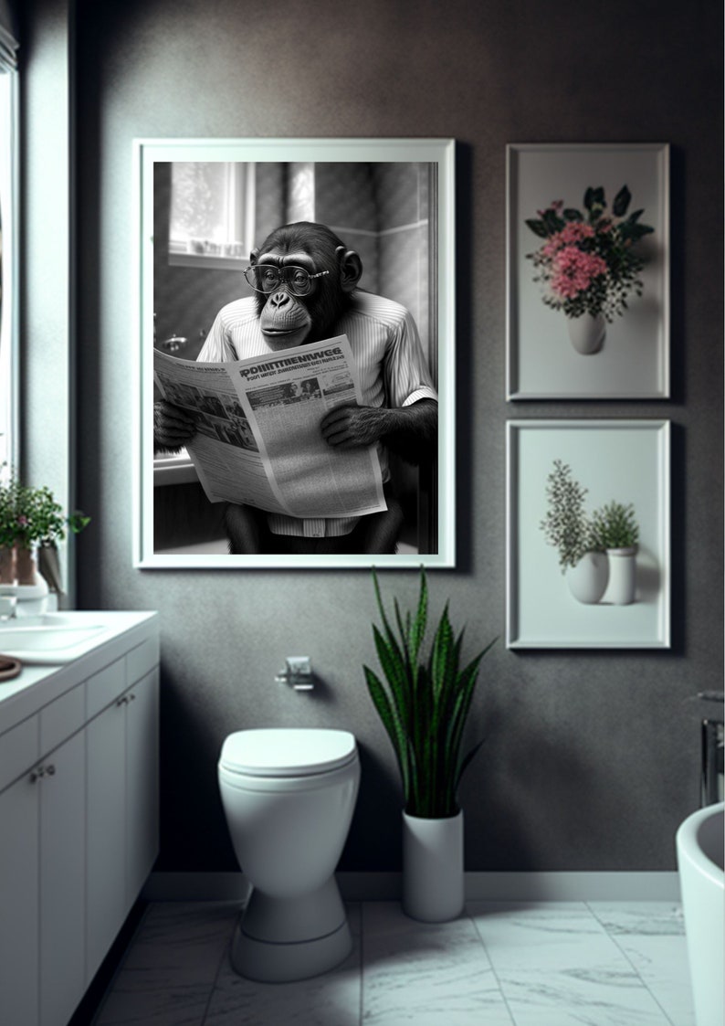 Monkey on Toilet Funny Bathroom Printable Safari Animal Art - Etsy