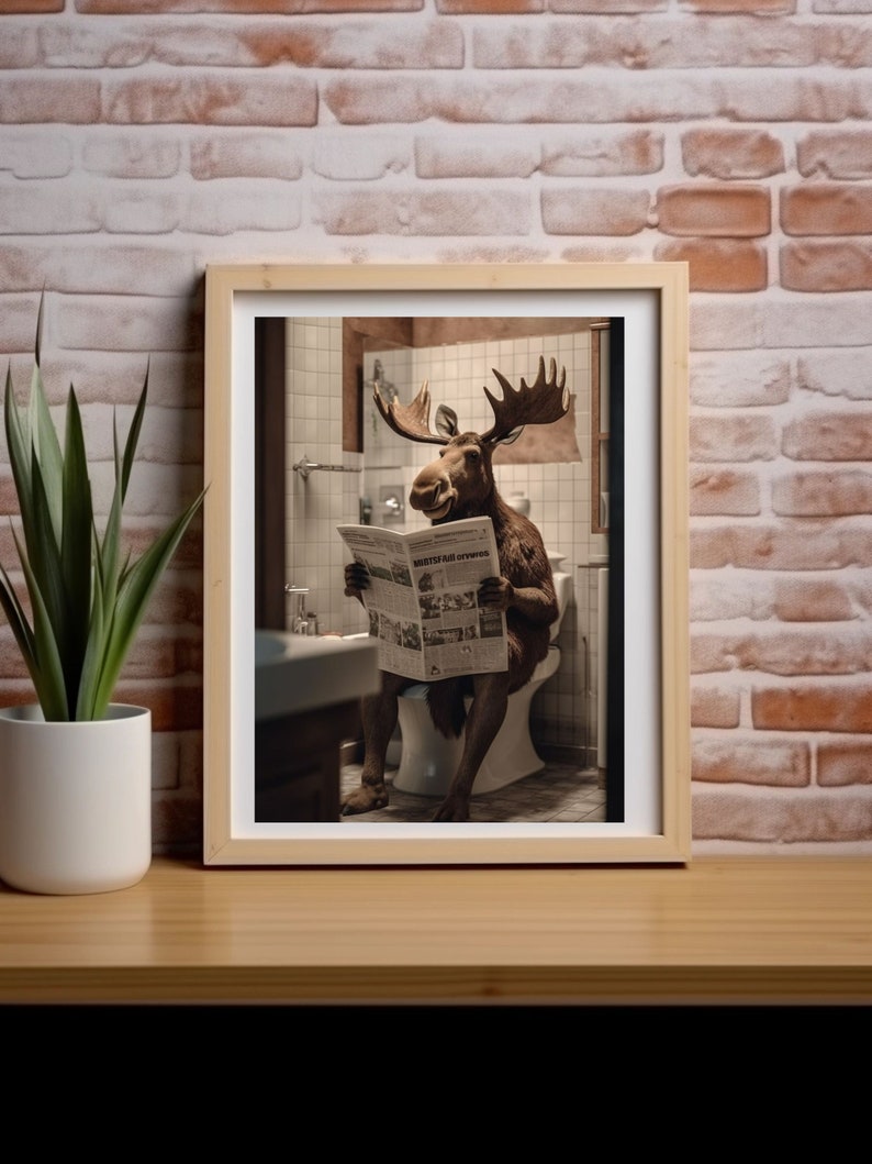 Moose Sitting on the Toilet Reading a Newspaper, Funny Bathroom Humor ...